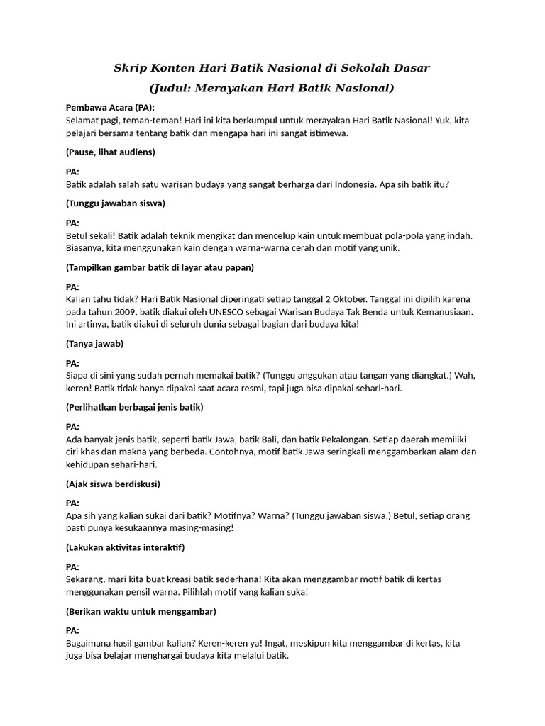 Skrip Konten Hari Batik Nasional Di Sekolah Dasar | PDF