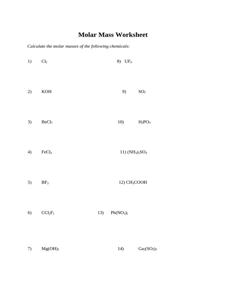 Molar Mass Worksheet 1 | PDF