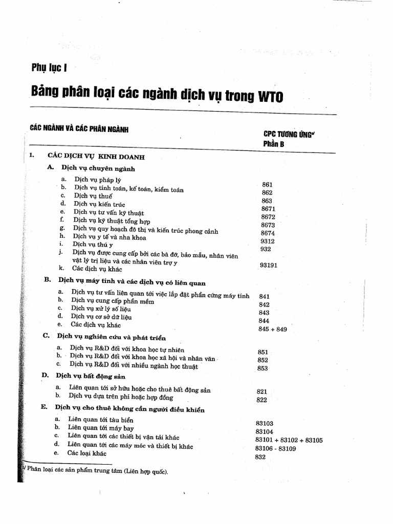Bang Phan Loai Cac Nganh Dich Vu WTO | PDF