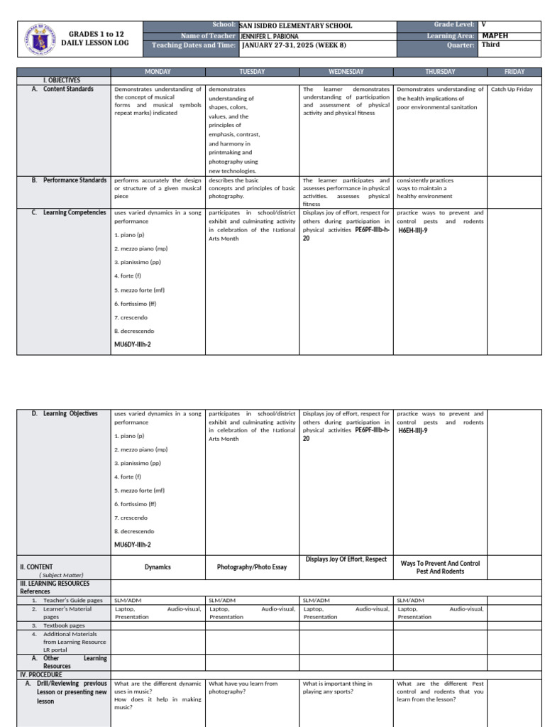 DLL_MAPEH 6_Q3_W8 | PDF | Learning