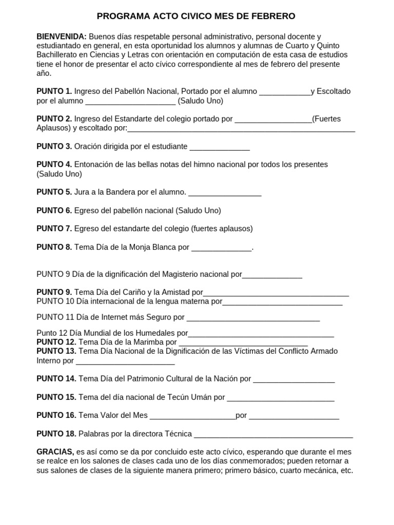 Programa Acto Civico Mes de Febrero | PDF