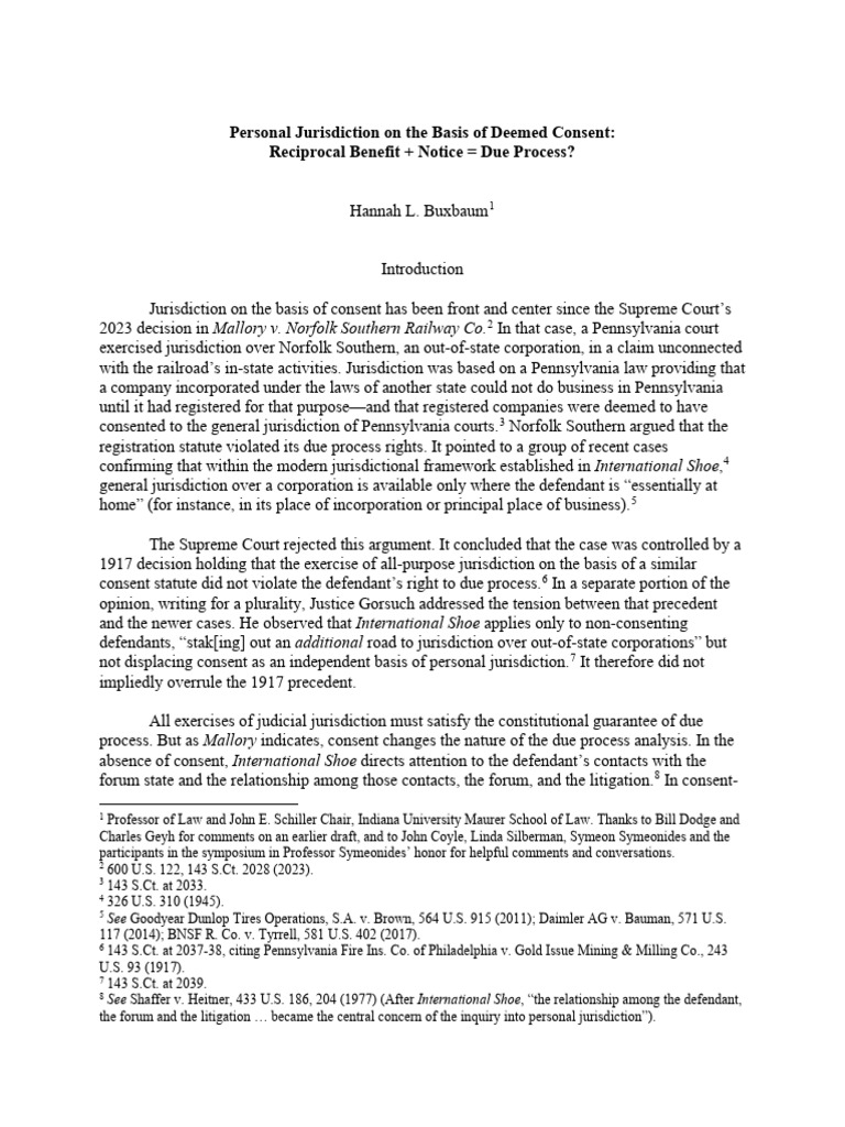 Personal Jurisdiction and Deemed Consent | PDF | Personal Jurisdiction ...