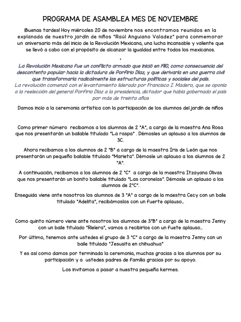 Programa de Asamblea Mes de Noviembre 2 | PDF