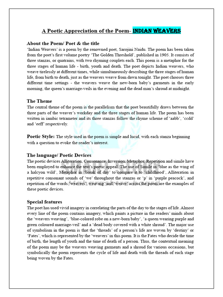 Poetic Appreciation of "Indian Weavers" | PDF | Poetry | Weaving