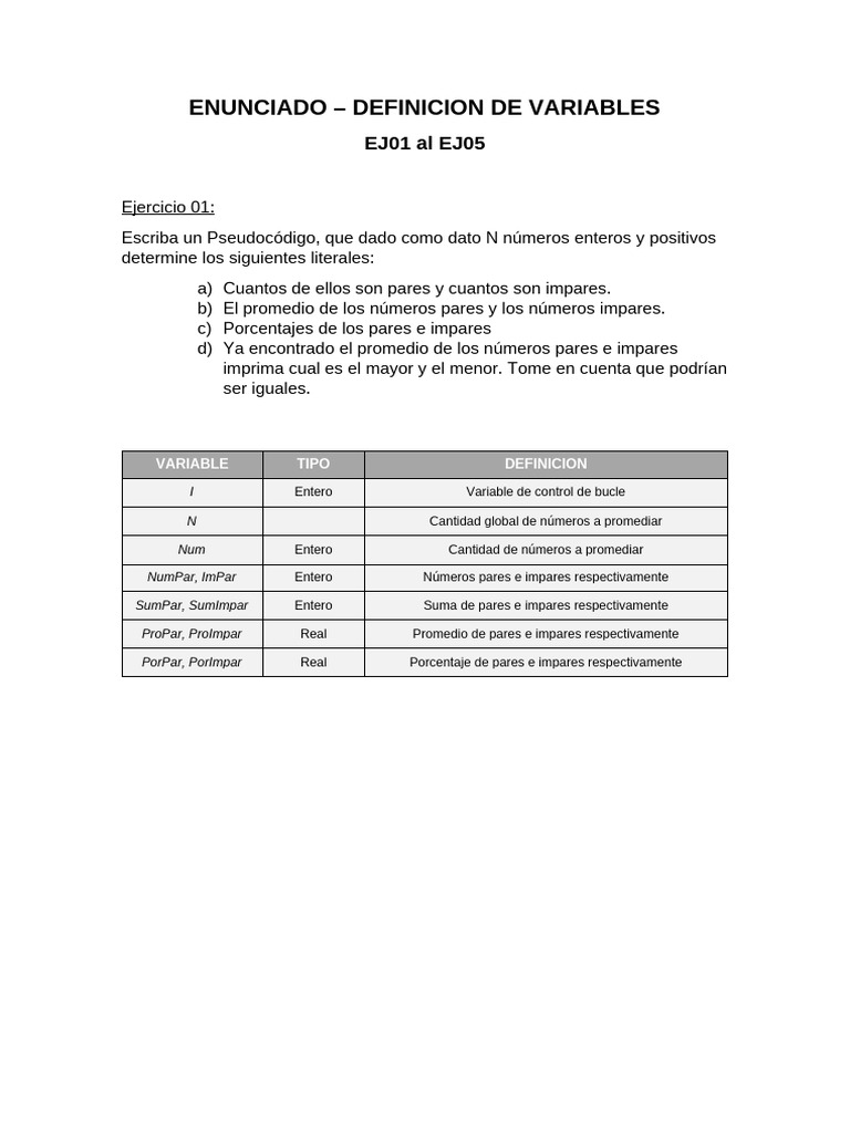 Enunciado - Definicion de Variables - EJ01 Al EJ05 | PDF