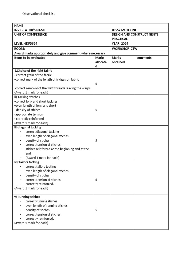 Observational Checklist | PDF | Seam (Sewing) | Textile Arts