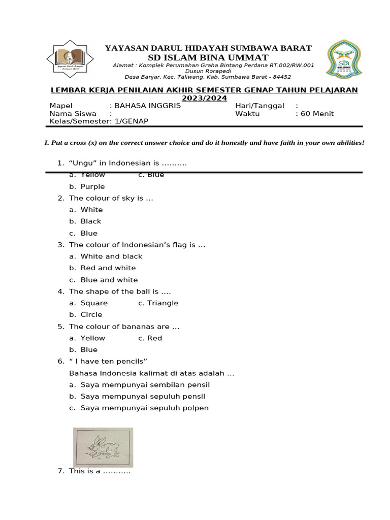 soal PAS KELAS 1 B.ING | PDF