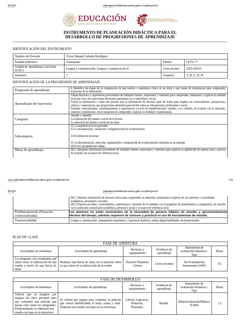 Planeación Didáctica de Reseñas en CETis 77 | PDF | Aprendizaje | Enseñando