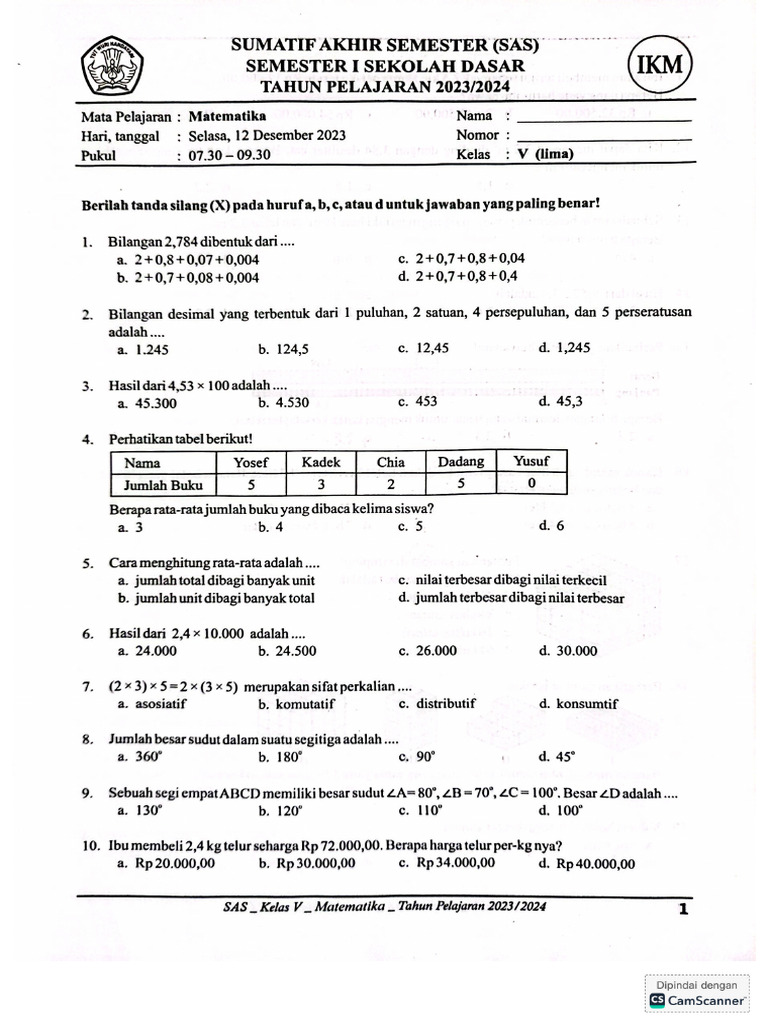 Soal MTK SAS 1 2023 | PDF
