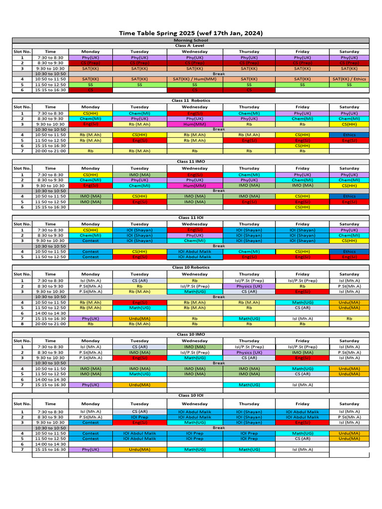 Timetable Spring 2025 17-Jan 1 | PDF