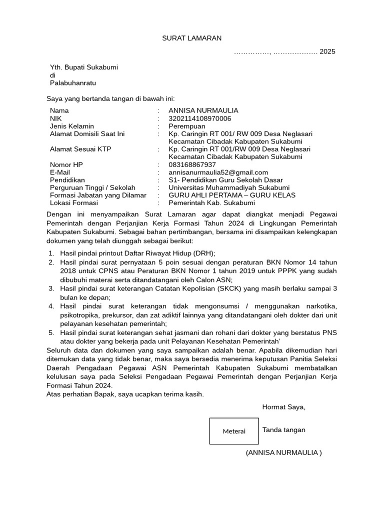 FORMAT SURAT LAMARAN PPPK (ANNISA NURMAULIA) | PDF