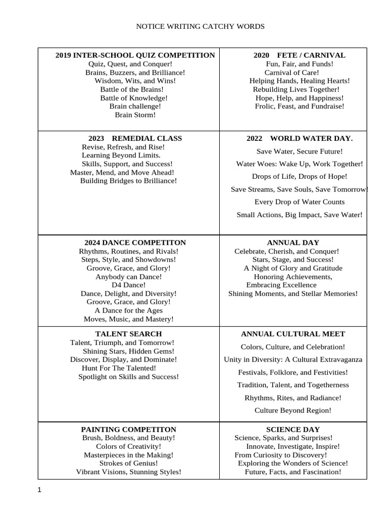 Notice Writing Catchy Words | PDF | Carnival