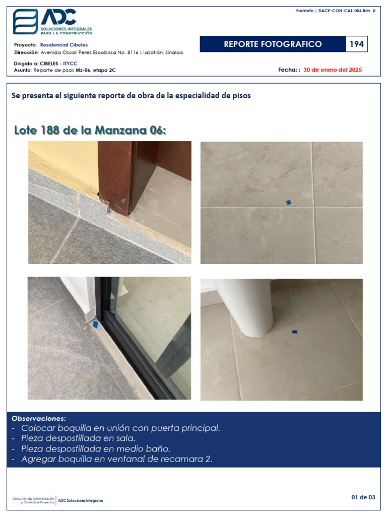 194 DACP CON CAL 004 Reporte de Pisos LT 188 | PDF
