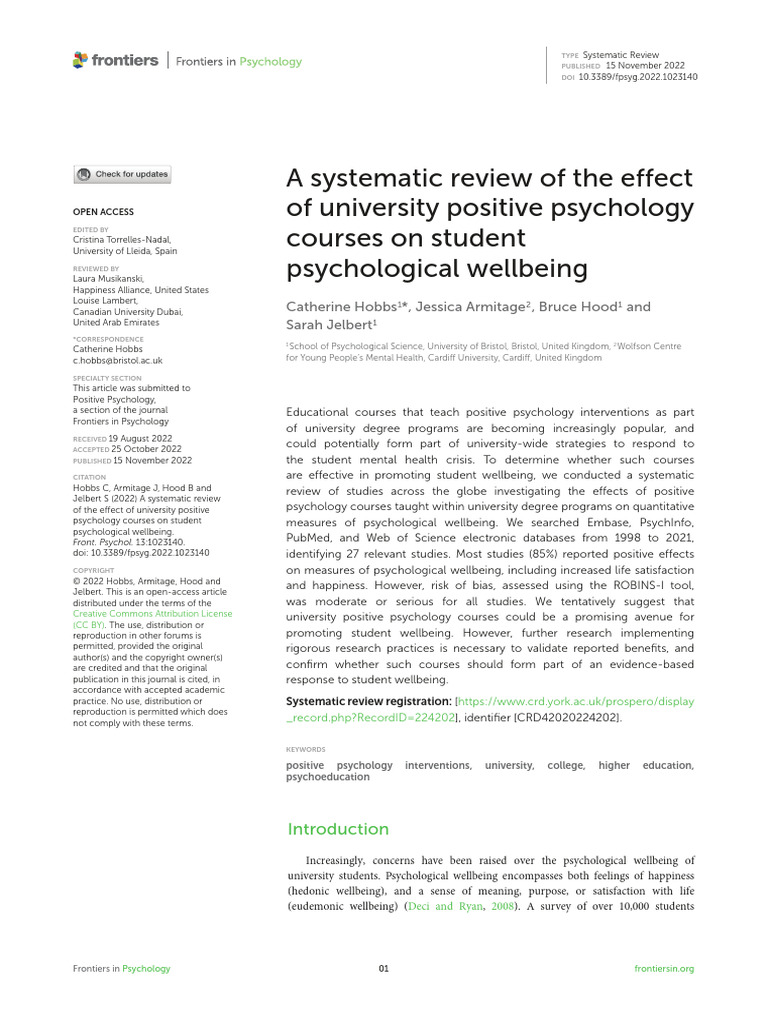 A Systematic Review of the Effect of University Positive Psychology ...