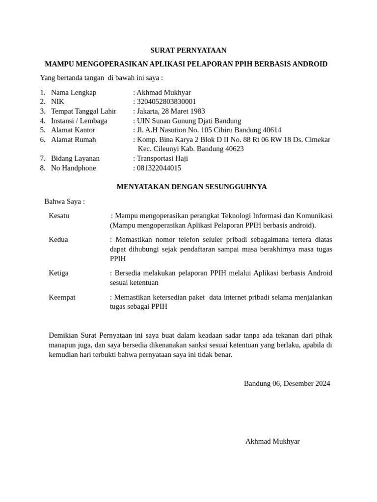 Surat Pernyataan Aplikasi Android PPIH | PDF