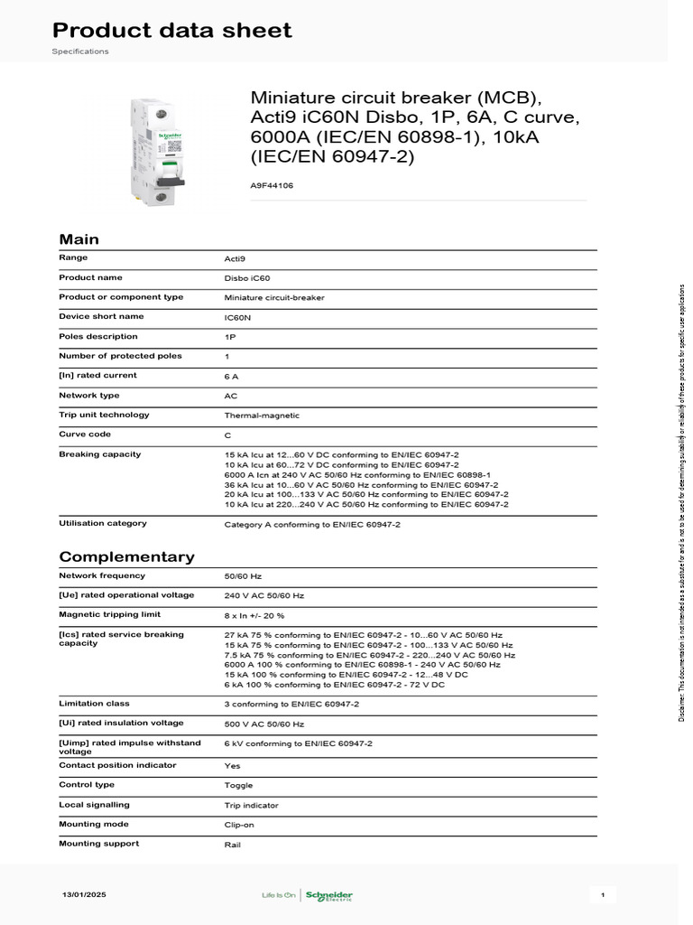 Schneider Electric - Acti9-iC60 - A9F44106 | PDF | Alternating Current | Recycling