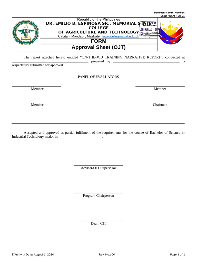 Debesmscat-F-Cit-01 Approval Sheet (Ojt) Form | PDF