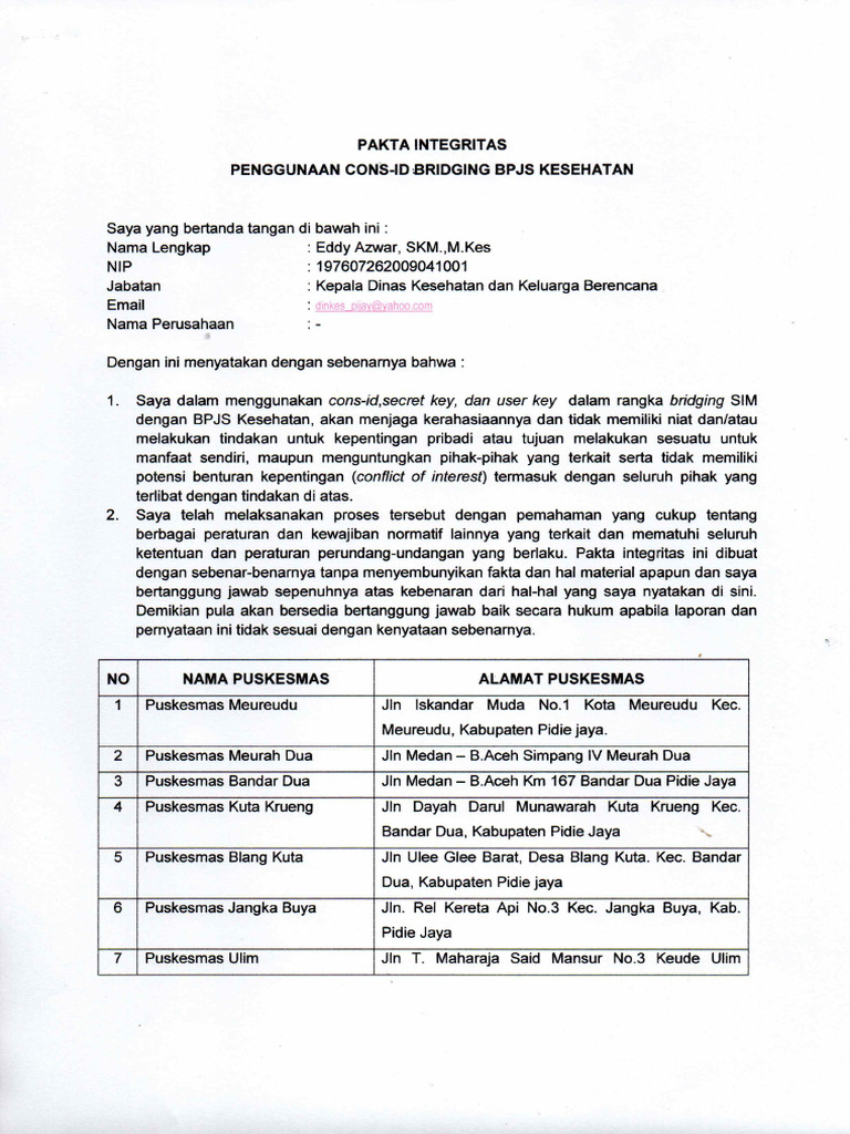 Pakta Integritas Penggunaan Cons ID BPJS Kesehatan | PDF