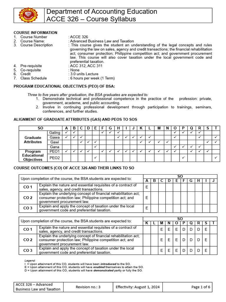ACCE 326 Business Law & Taxation Syllabus | PDF | Multiple Choice ...