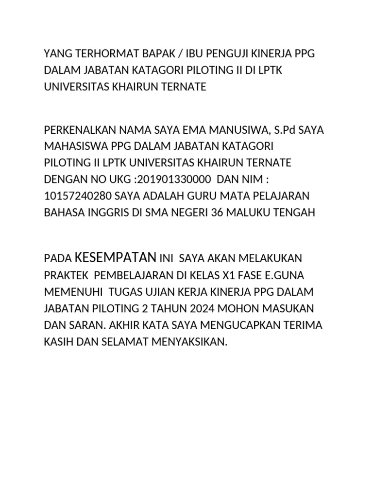 Ujian Kinerja PPG Piloting II 2024 | PDF