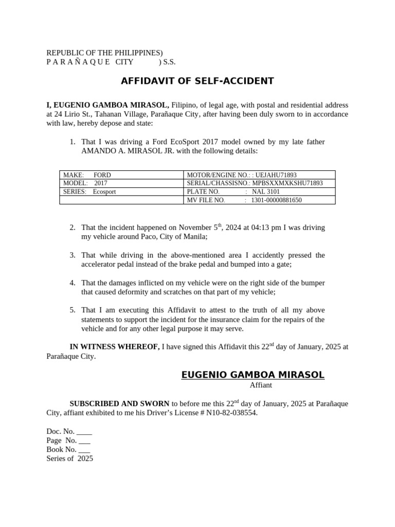 Affidavit of Car Damage - MIRASOL | PDF