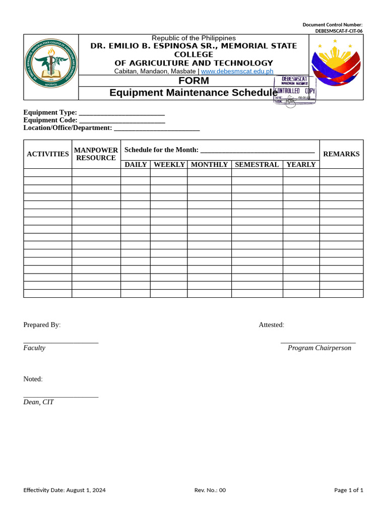 DEBESMSCAT-F-CIT-06 Equipment Maintenance Schedule Form | PDF