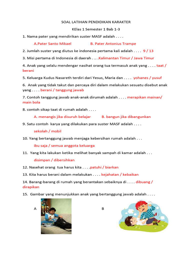 Soal Latihan Pendidikan Karakter Kelas 1 | PDF