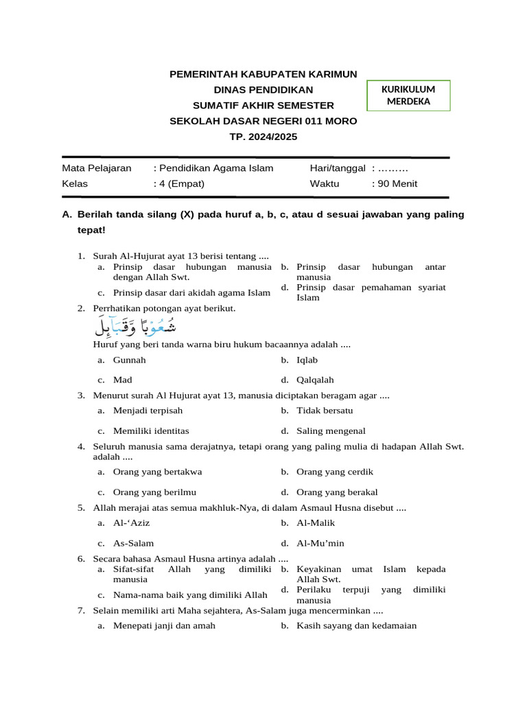 Soal Asas Ganjil PAI Kelas 4 | PDF