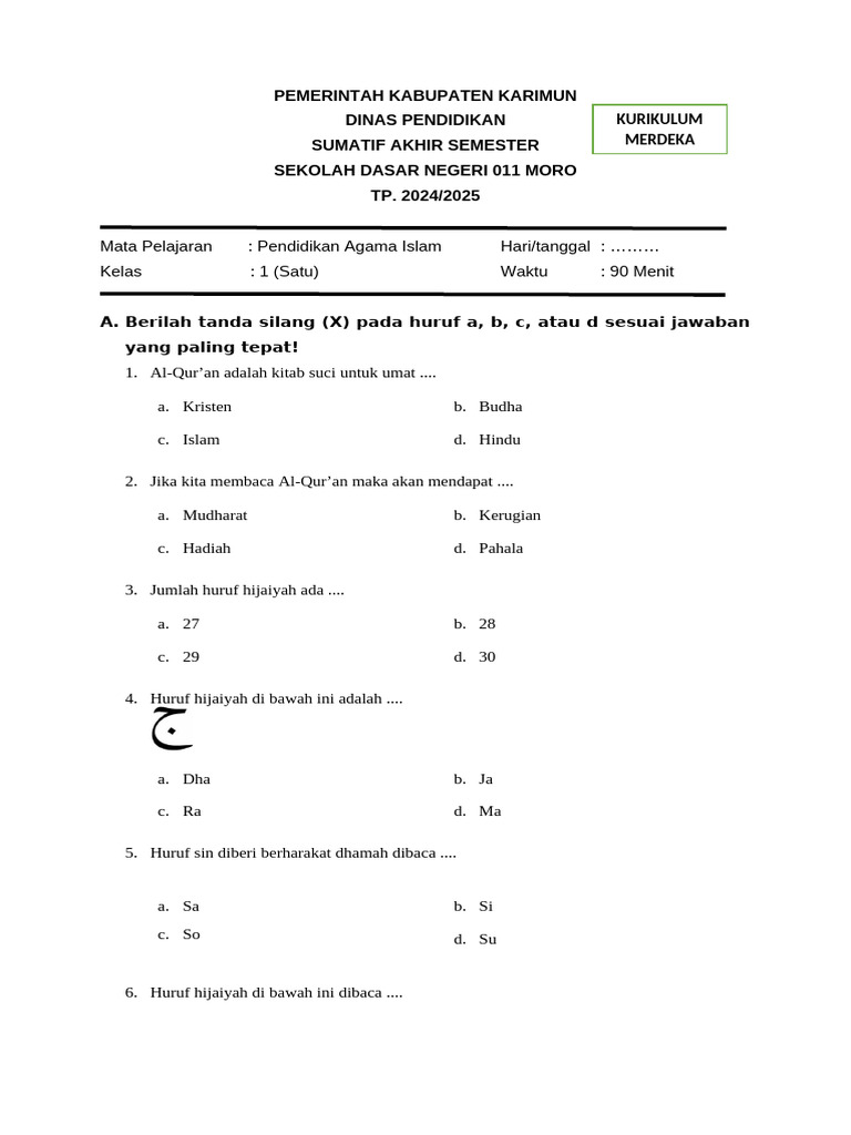 Soal Asas Ganjil PAI Kelas 1 | PDF