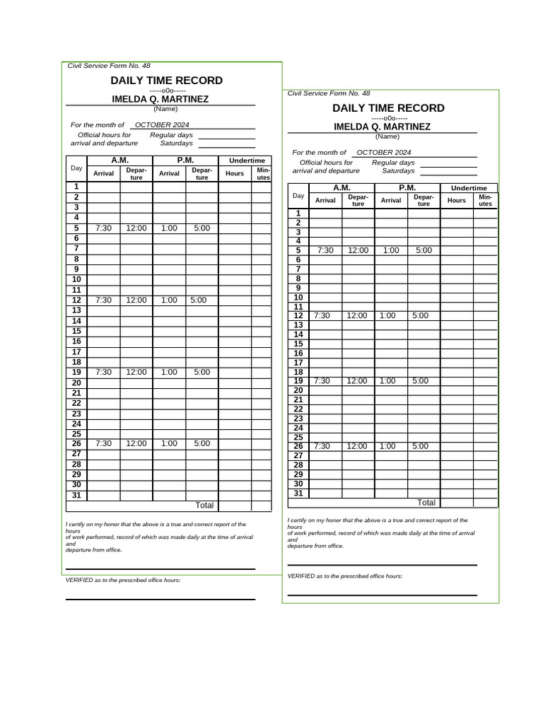 October 2024 Daily Time Record Form | PDF