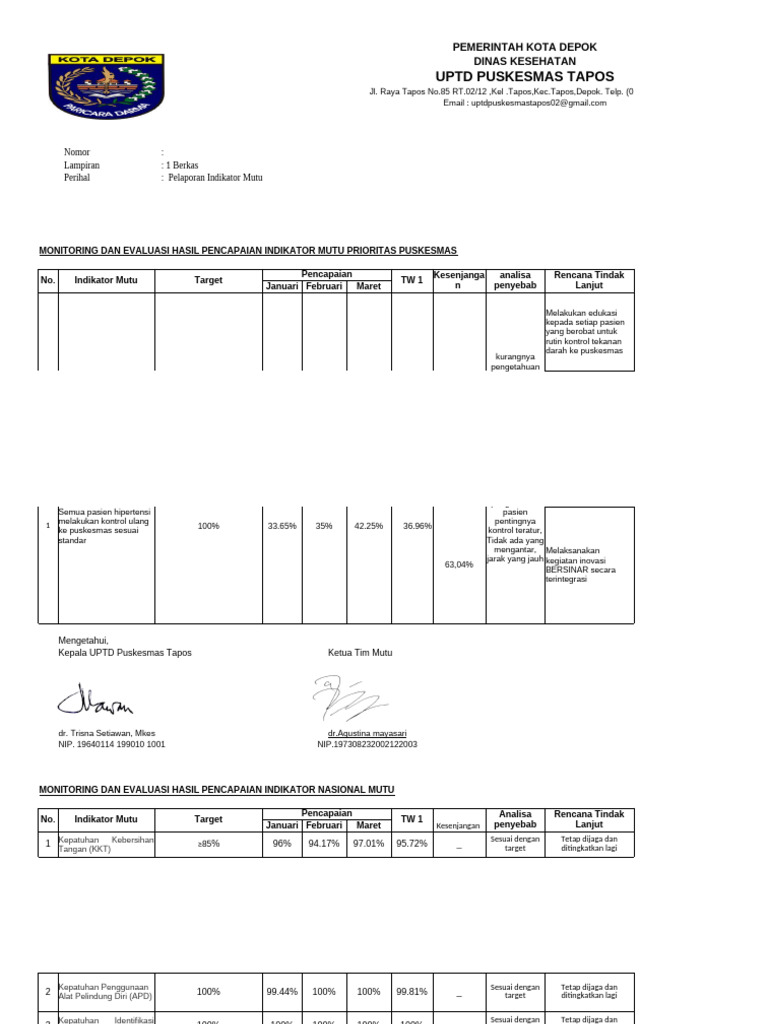 Laporan Indikator Mutu Kepada Dinas Kesehatan | PDF