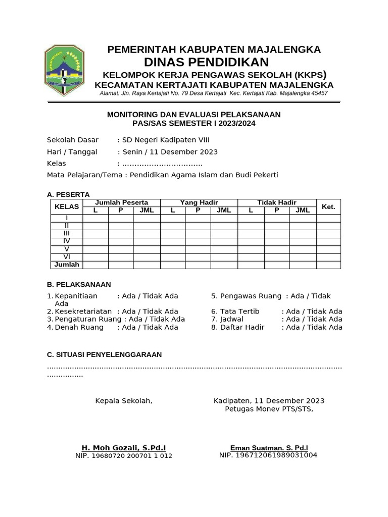 Monitoring Evaluasi PTS SD Kadipaten 2023 | PDF