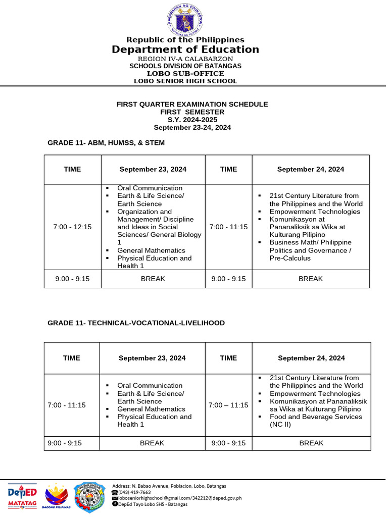 1st Quarter Exam Schedule 2024-2025 | PDF | Science