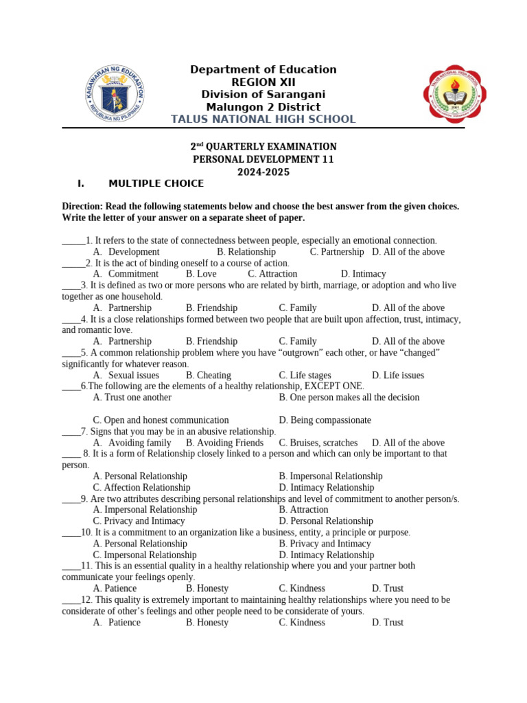 2ND Quarter Examination in Perdev 11 | PDF | Intimate Relationships | Love
