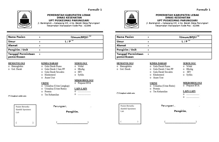 FORM PERMINTAAN LAB Parungsari HITAM PUTIH | PDF
