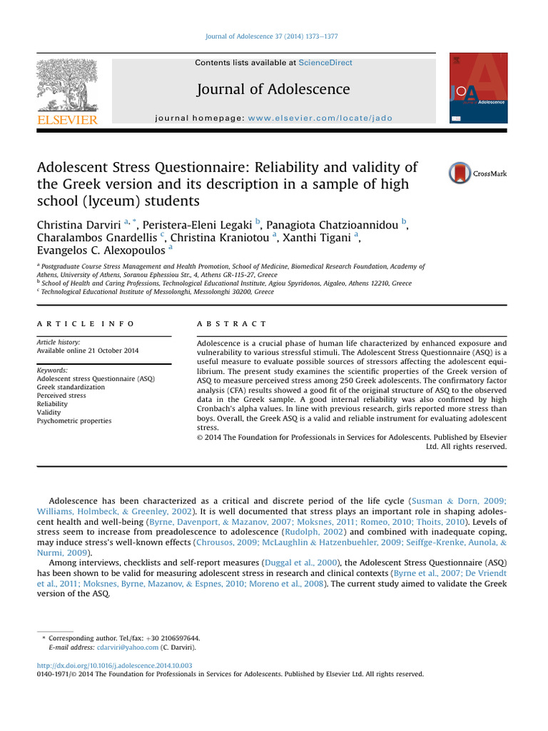 Adolescent Stress Questionnaire Reliabil | PDF | Behavioural Sciences ...