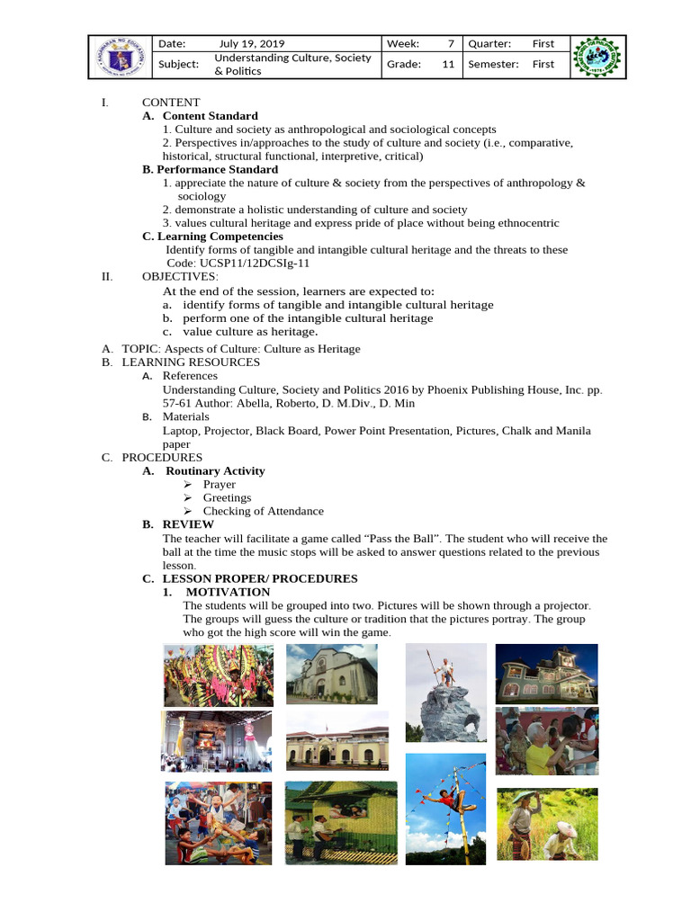 1st QTR Ucsp Lesson Plan | PDF | Cultural Heritage | Learning