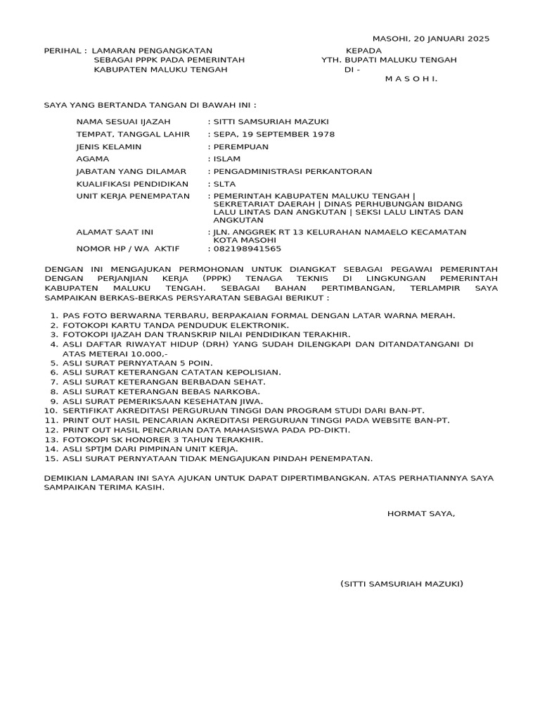 FORMAT SURAT LAMARAN PPPK Teknis 2024 | PDF
