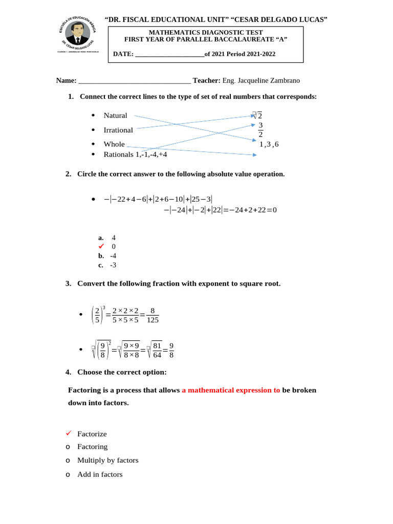 Mathematics Diagnostic Test for First Year | PDF | Polynomial ...