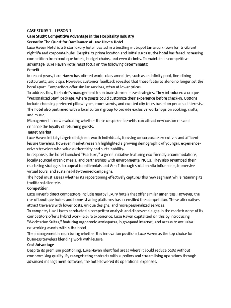 Case Study 1 - Lesson 1 - Question | PDF | Hotel | Competitive Advantage