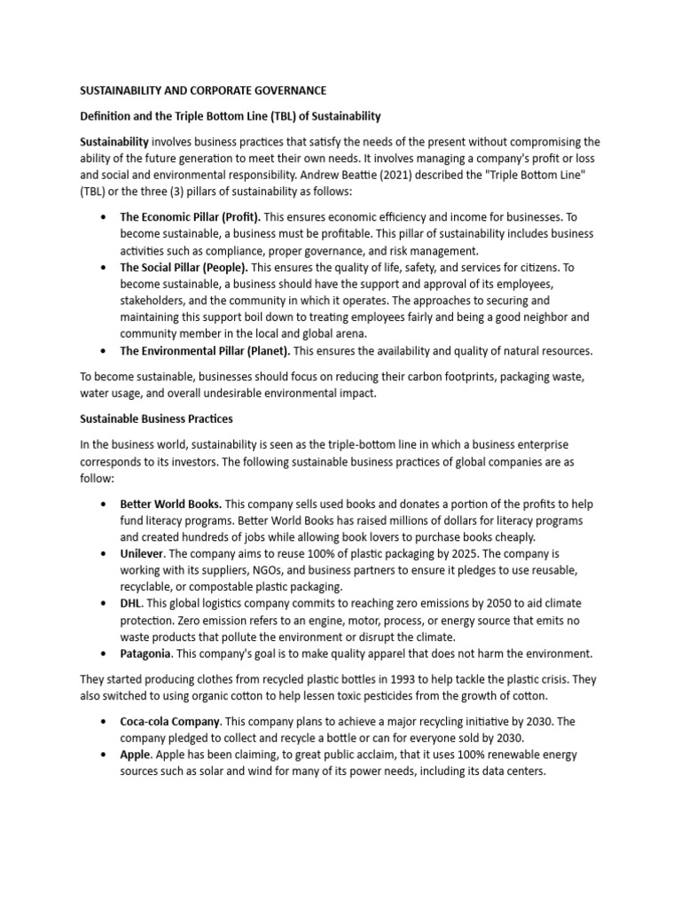 Corporate Governance and Sustainability TBL | PDF | Sustainability ...