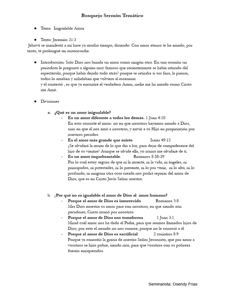 Bosquejo Sermon Tematico - Inigualable Amor. Osendy Frias | PDF | Amor ...