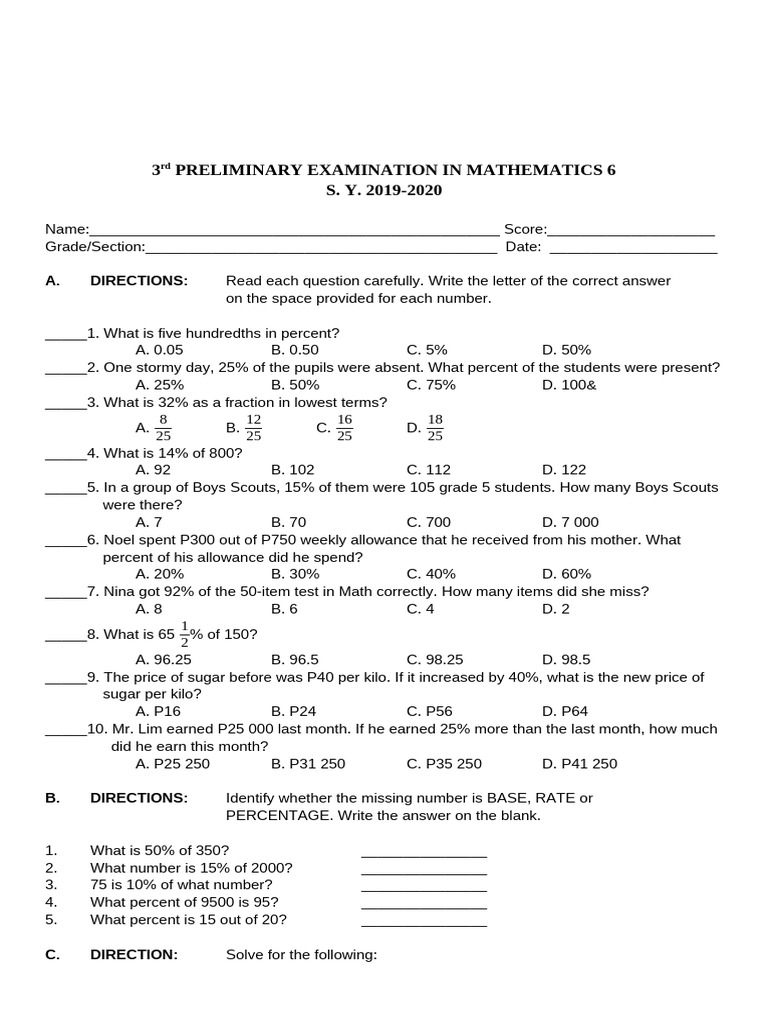 PRELIMINARY EXAMINATION IN MATHEMATICS 6 | PDF | Interest | Money