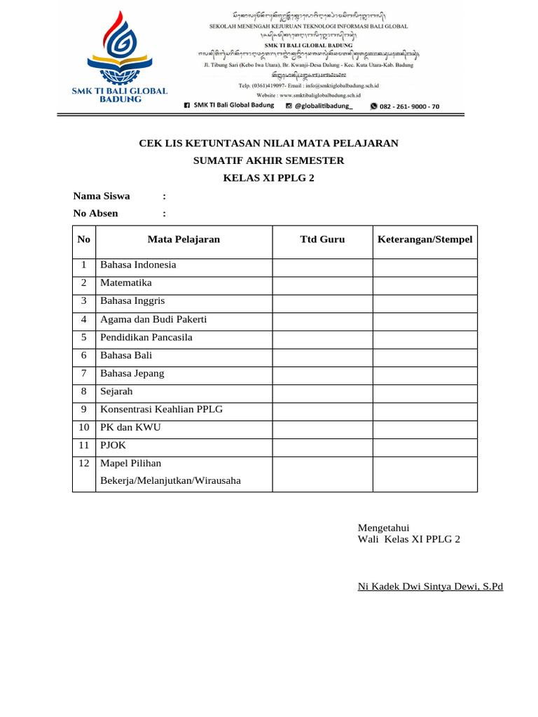 Contoh Form Cek Lis Ketuntasan Sas Ganjil 2024 | PDF