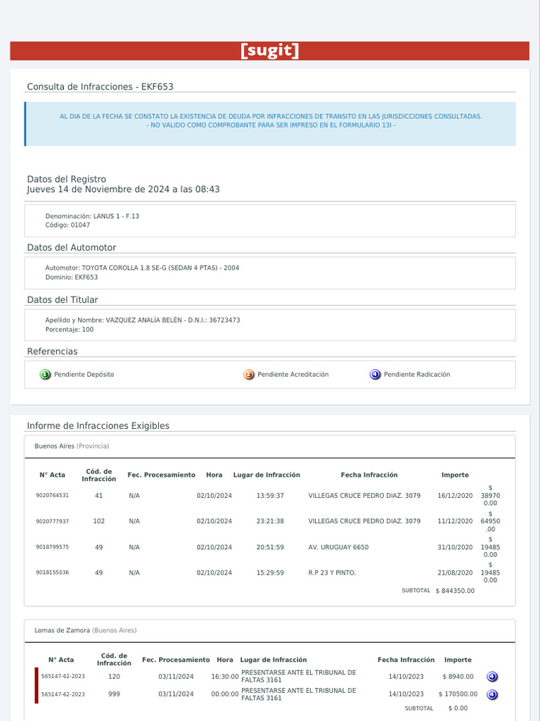 Informe de Multas - EKF653_241114_114034 | PDF | Argentina