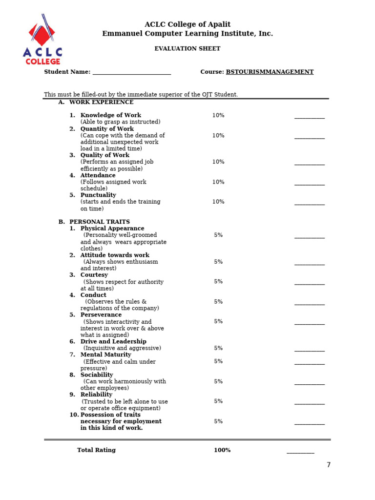 Evaluation Sheet | PDF | Behavior Modification | Psychology