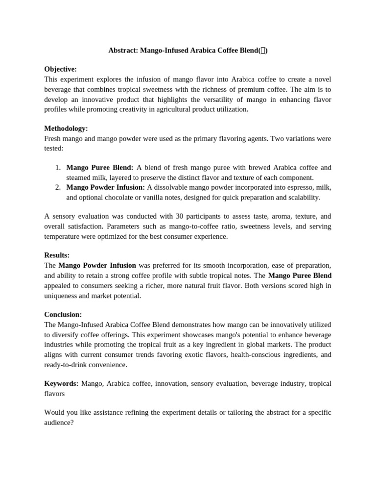 Mango-Infused Arabica Coffee Innovation | PDF