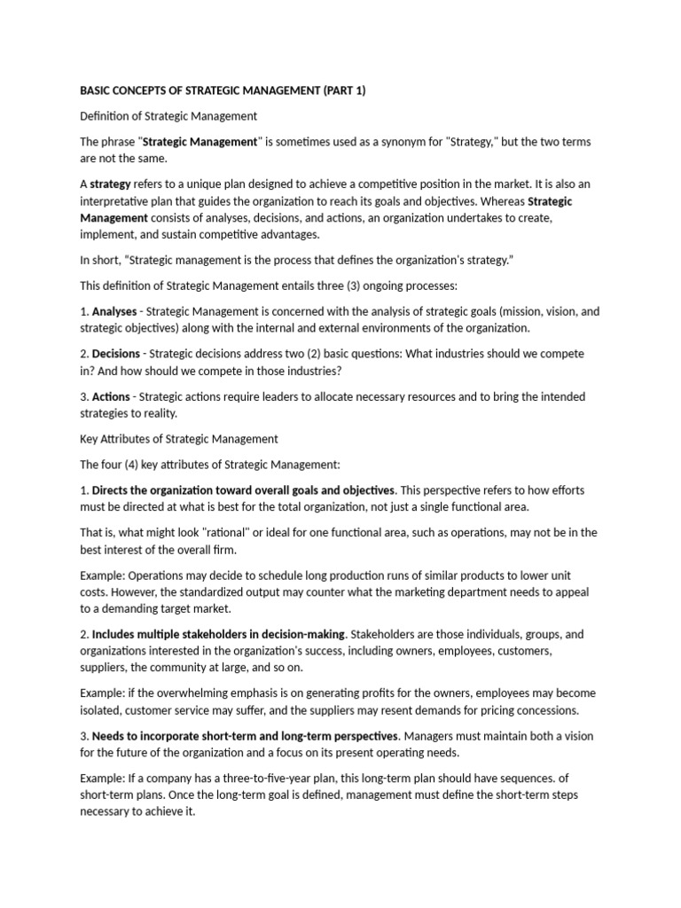 Lesson 1 Basic Concepts Of Strategic Management Pdf Strategic