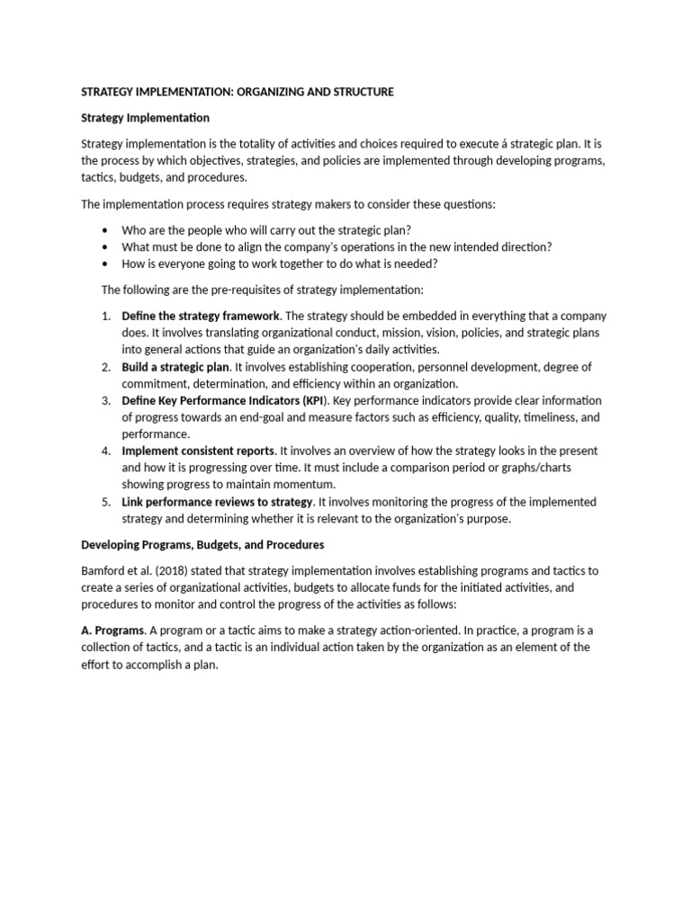 Lesson 9 Strategy Implementation | PDF | Strategic Planning
