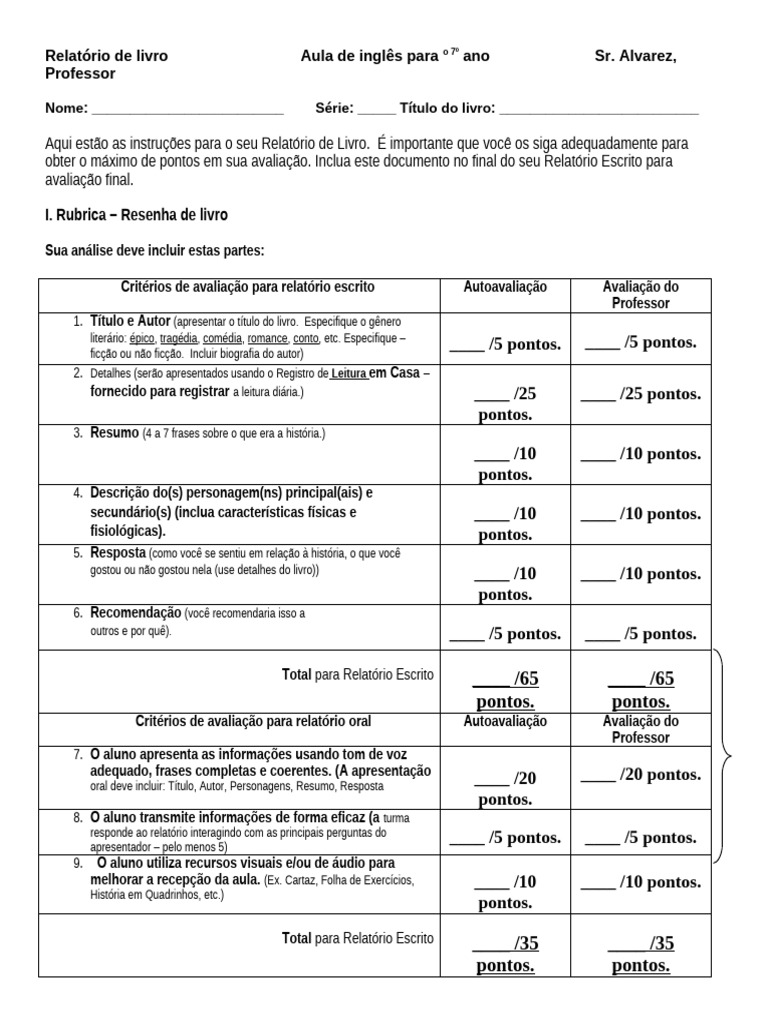 Instruções para Relatório de Livro 7º Ano | PDF